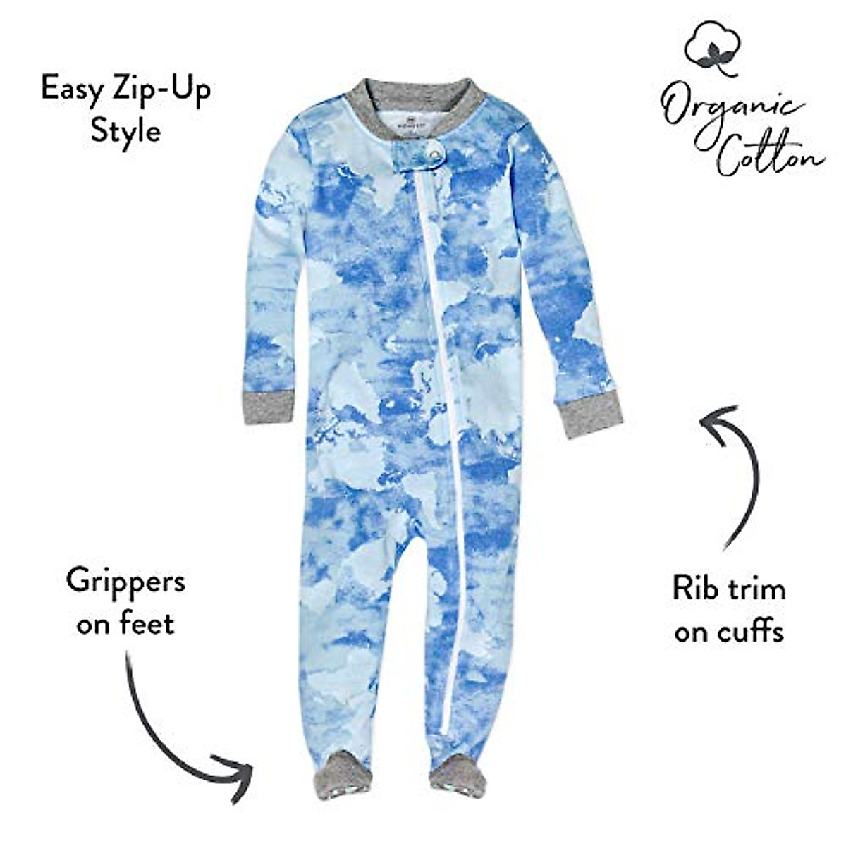 HonestBaby Non-Slip Footed Pajamas One-Piece Sleeper Jumpsuit Zip-Front 100% Organic Cotton PJs for Baby Boys (LEGACY), Watercolor World/Teal Blue, 18 Months