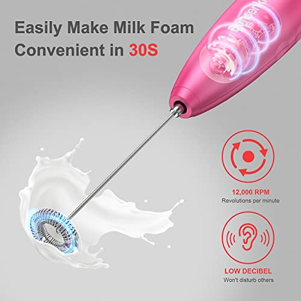 Bonsenkitchen Milk Frother Handheld, Automatic Milk Foam Maker Hand Frother for Coffee, Matcha, Hot Chocolate, Battery Operated Mini Drink Mixer-Hot Pink