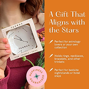 Lucky Feather Zodiac Ring Dish for Women – Glazed Ceramic Jewelry Tray with Astrological Constellation Depicted in Opulent Metallic Gold - Taurus