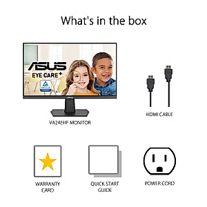 ASUS 24” (23.8-inch viewable) 1080P Eye Care Monitor (VA24EHF) - IPS, Full HD, Frameless, 100Hz, 1ms, Adaptive-Sync, for Working and Gaming, Low Blue Light, HDMI, VESA Mountable, Tilt, BLACK