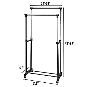 WOHLLEBEN Expandable Double Rods Clothing Rack Portable Freestanding Clothes Rack on Wheels Clothes Closet with Shoe Shelves Multi-functional Garment Rack, (33"-59")×16.5"×(43"-67")