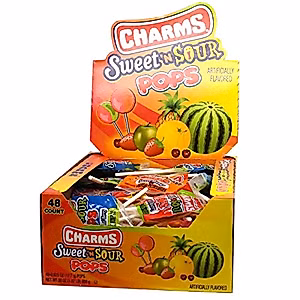 Charms Sweet and Sour Pops, in 5 Assorted Sweet/Sour Flavors, 0.6 Ounce (Pack of 48)