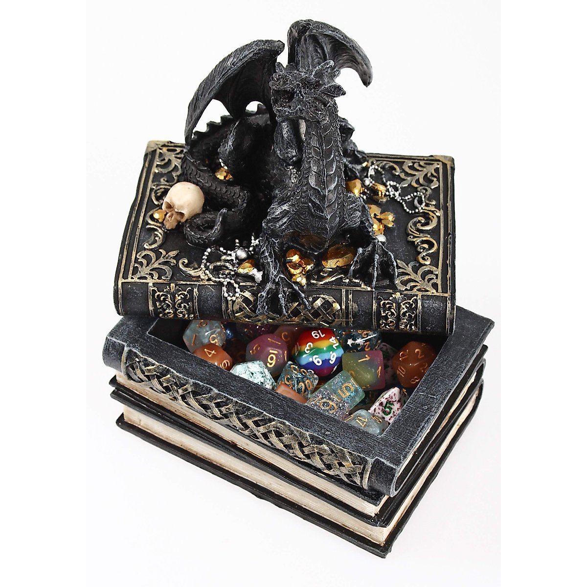 Forged Dice Co. Dragon Treasure Book Dice Box with Custom Foam Insert - Container Displays 7 Individual Dice or Holds 8 Complete Polyhedral Dice Sets 56 Total Dice - Storage for DND RPG Tabletop Dice