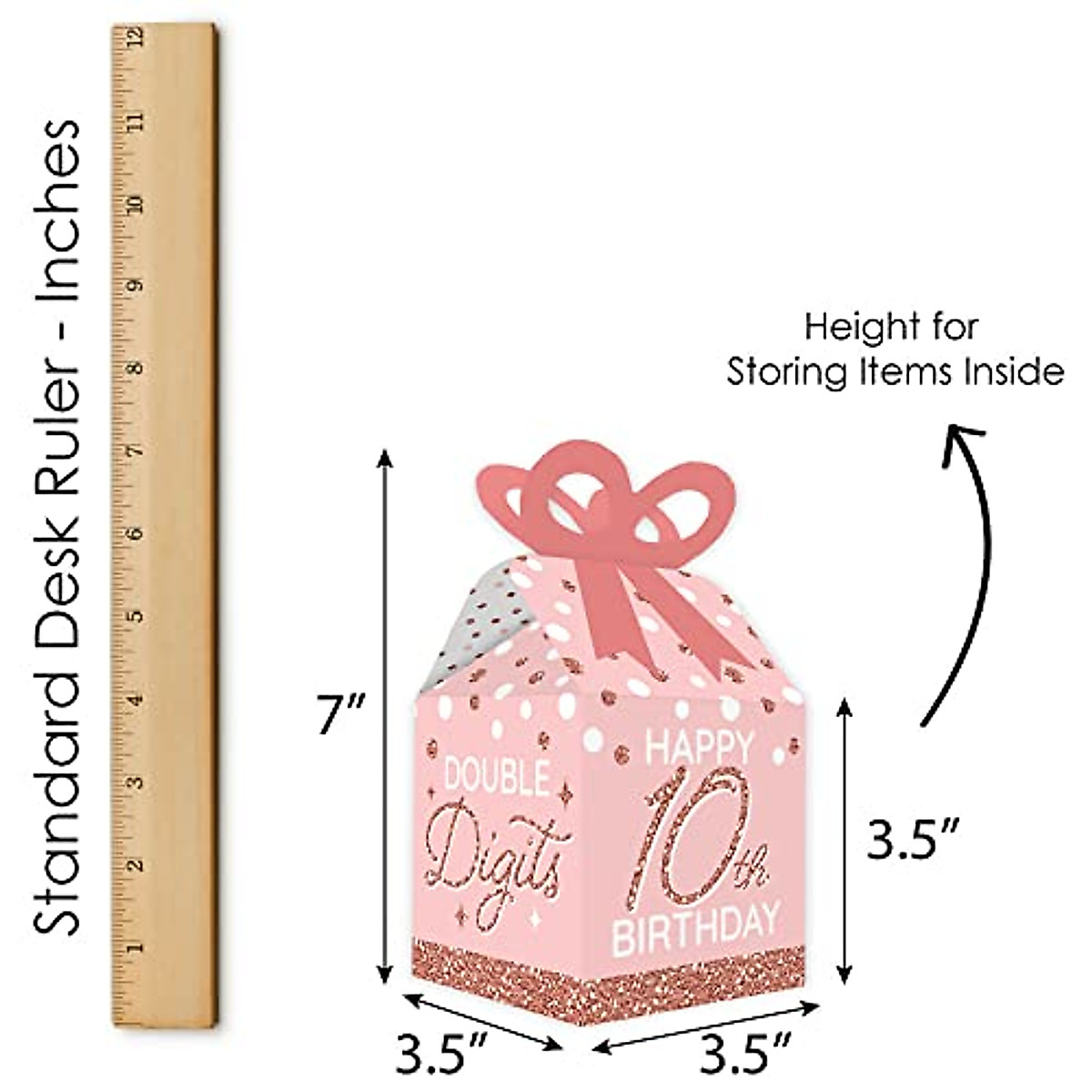Big Dot of Happiness 10th Pink Rose Gold Birthday - Square Favor Gift Boxes - Happy Birthday Party Bow Boxes - Set of 12