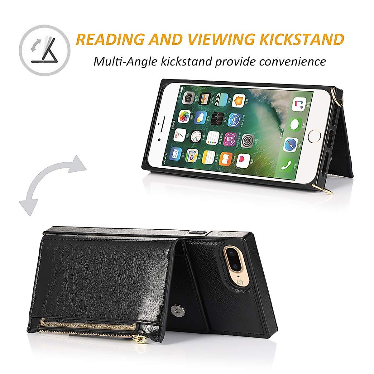 UEEBAI Case for iPhone SE 2022 5G/iPhone 7/iPhone 8/iPhone SE 2020, PU Leather Zipper Wallet Case with Card Holder Slots Crossbody Wrist Strap Kickstand Flip Case Cover for iPhone SE3/SE2 - Black