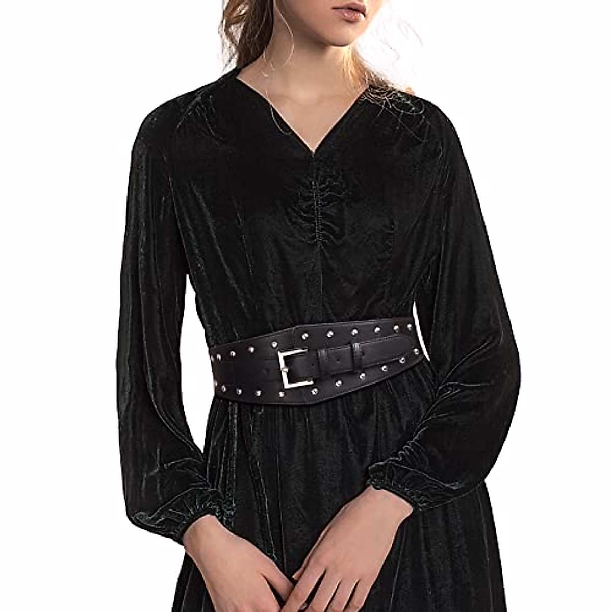 Kajeer Womens Wide Belts for Dresses Vintage Wide Elastic Belts for Women Rivet Cinch Belt with Buckle(M, Black)