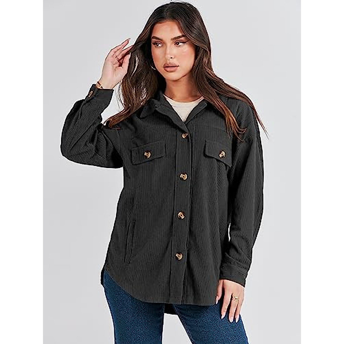 ANRABESS Women Casual Jackets Corduroy Shacket Fall Oversized Button Down Shirts Long Sleeve Casual Loose Cardigan Blouse Coat 1027heise-L