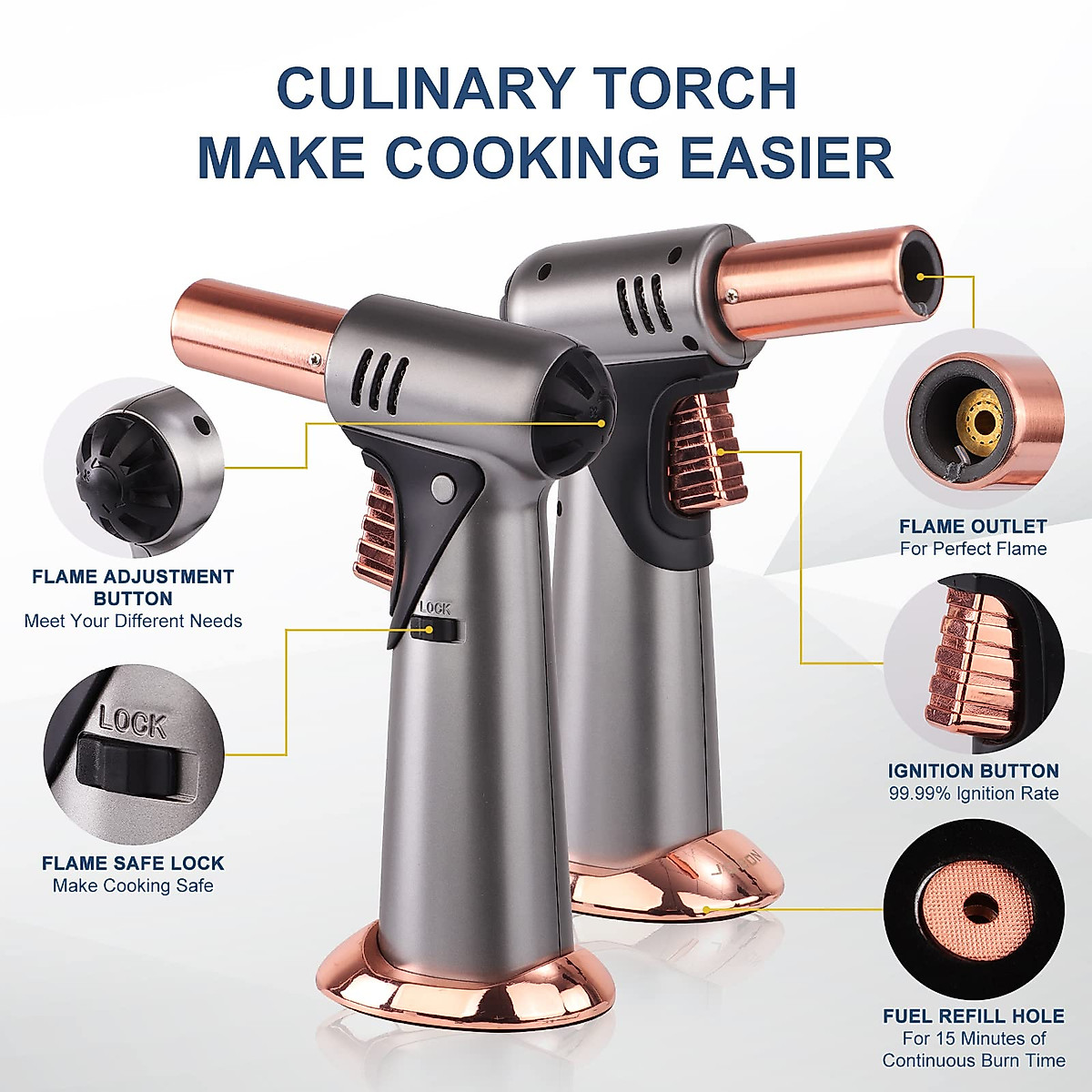 Butane Torch, Premium Double Flame Big Kitchen Torch Lighters with Safety Lock Adjustable Refillable Multipurpose Culinary Blow Torch for Creme Brulee, Baking, BBQ (Butane Gas Not Included)501 (gold)