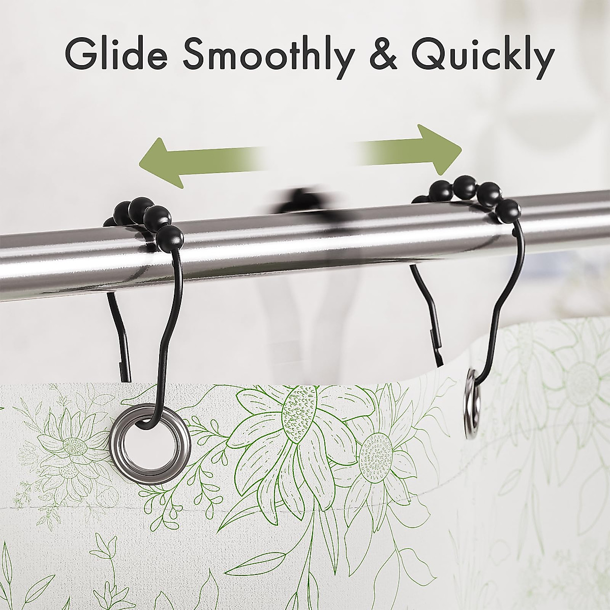 Amazer Matte Black Shower Curtain Hooks, 12PCS Rust-Resistant Metal Shower Hooks Ring Shower Rings for Curtain, Rolling Shower Curtain Rings for Bathroom Shower Rod Shower Curtain Hangers