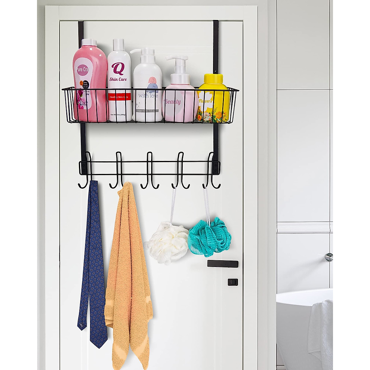 Rumara Over The Door Hanger Hooks, Behind Door Towel Rack, Organizer Hanger with 15 Racks and Basket for Barthroom, Bedroom Kitchen & Pantry, Back of Door Storage Shelf for Coat (1 Basket)