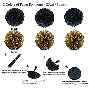 ZERODECO Black and Gold Decorations, Hanging Paper Fans Pom Poms Flowers Tassel Garlands String Triangle Bunting Flags and Balloons for Birthday Graduation Congrats Grad New Years Party Décor