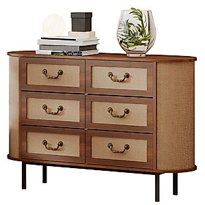 FurSch Rattan 6 Drawer Dresser for Bedroom,47.2" Curved Wooden Chest of Drawers,Large Six Drawer Double Dresser for Bedroom (Walnut, 47.2inch)