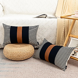 Vfuty Brown and Black Decorative Pillow Cover Set of 2, Farmhouse Stripe Pillow Cover 12x20 Modern Faux Leather Accent Pillow Case for Couch Sofa Bed Boho Patchwork Cushion Cover