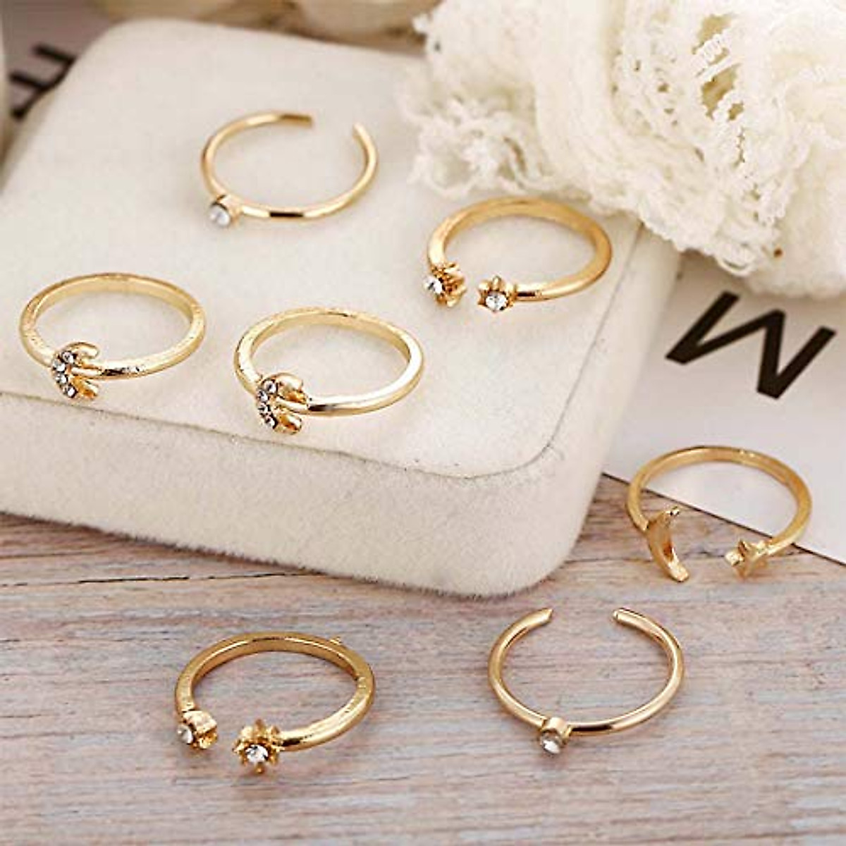 Outyua Boho Rhinstone Knuckle Rings Set Gold Star Moon Stacking Midi Finger Rings Set Bohomian Crystal Statement Joint Knuckle Ring Set for Women 7 Pack