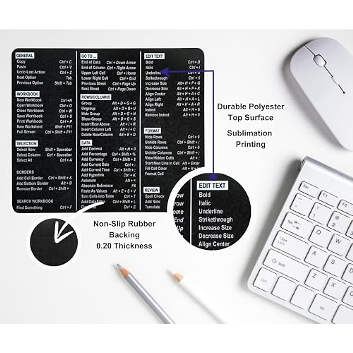 Monilee and Bella Excel Shortcuts Mouse Pad - 66 Reference Cheat Sheet Guide Keyboard Shortcut Formulas - The Ultimate Productivity Tool 7.75" x 9.25" (Solid Black Print)