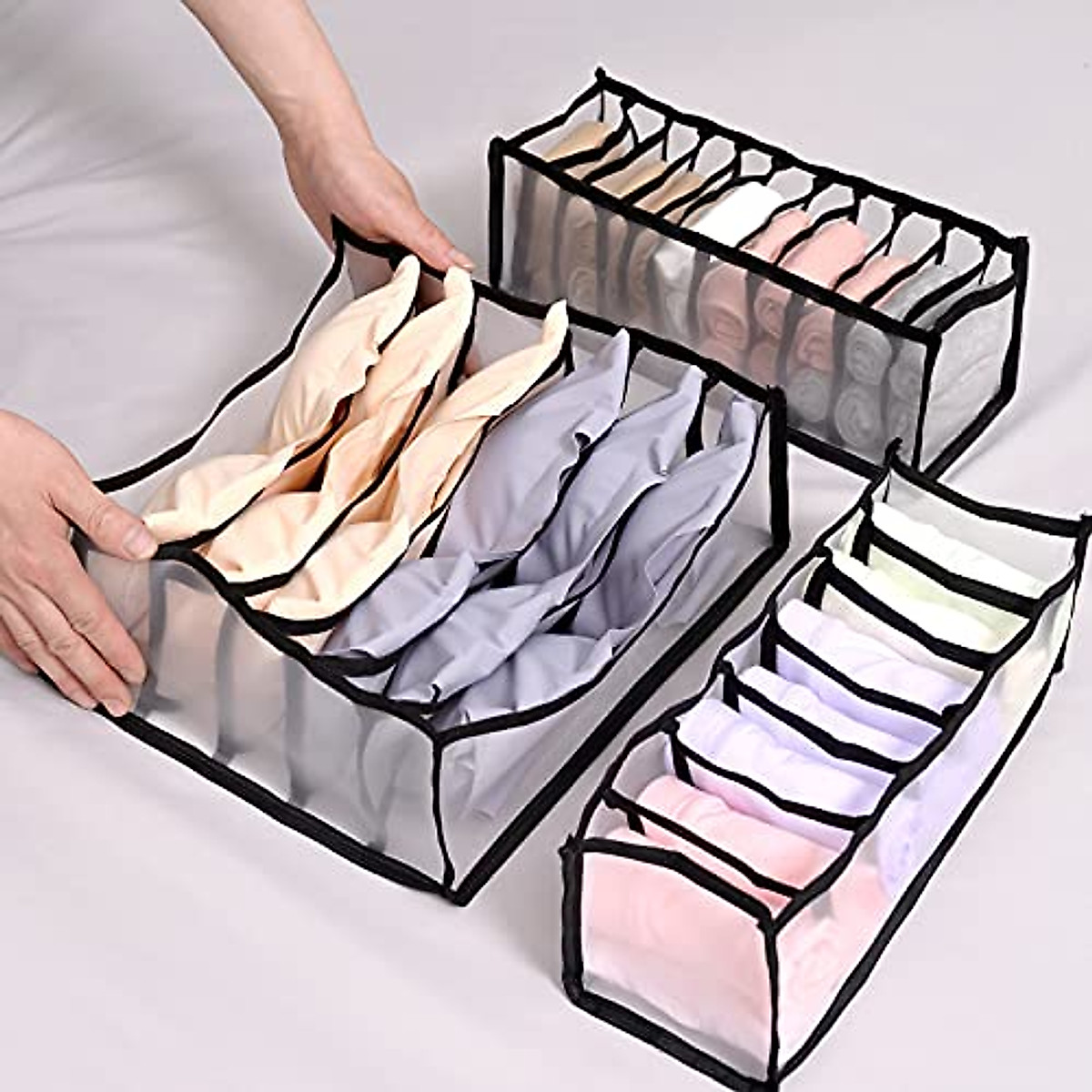 Underwear Drawer Organizer, Drawer Organizers 3 Packs Organizer, 6/7/11Cell Foldable Closet Organizers Storage Boxes for Underwear, Socks, Clothes, Stockings, Scarves, Ties and Bras (Black）