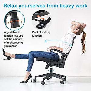 HOLLUDLE Ergonomic Office Chair with Foldable Backrest, Computer Desk Chair with Flip-up Armrests, Mesh Lumbar Support and Tilt Function Big and Tall Office Chair, Black