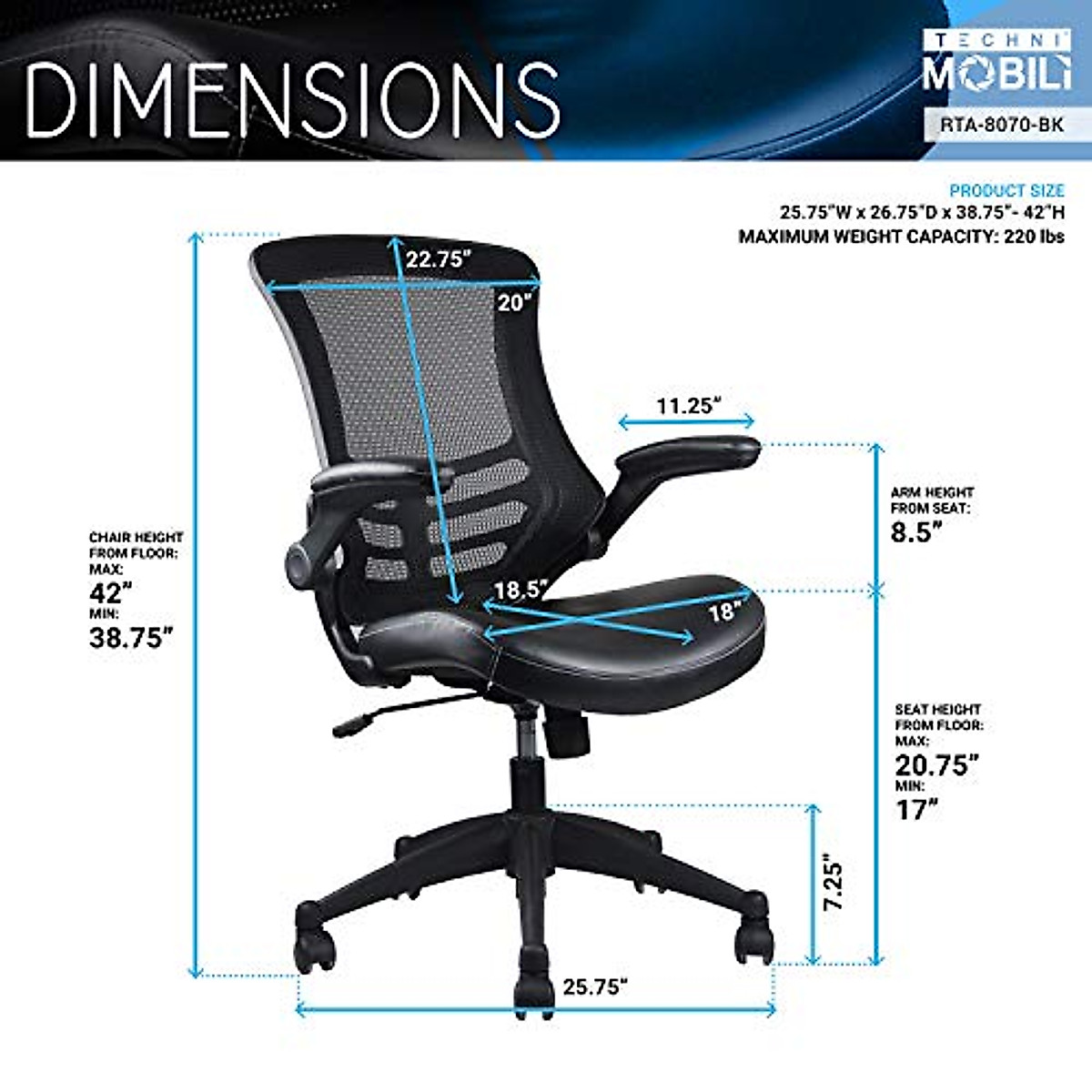 Stylish Mid-Back Mesh Office Chair With Adjustable Arms. Color: Black