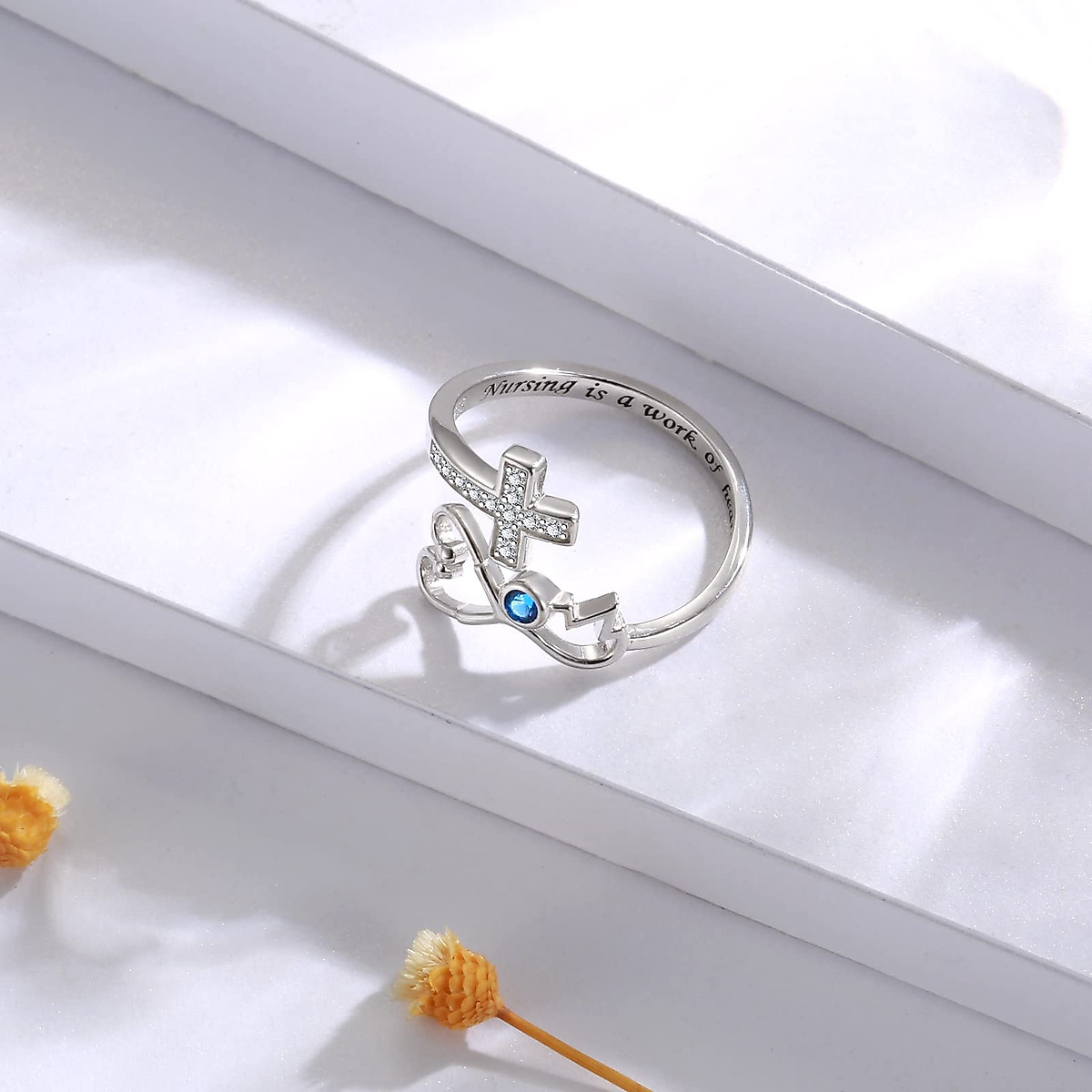 APOTIE Sterling Silver Stethoscope EKG Rings RN Heartbeat Cross Medicine Jewelry Nurses Week Gift for Medical Student Doctor Nurse