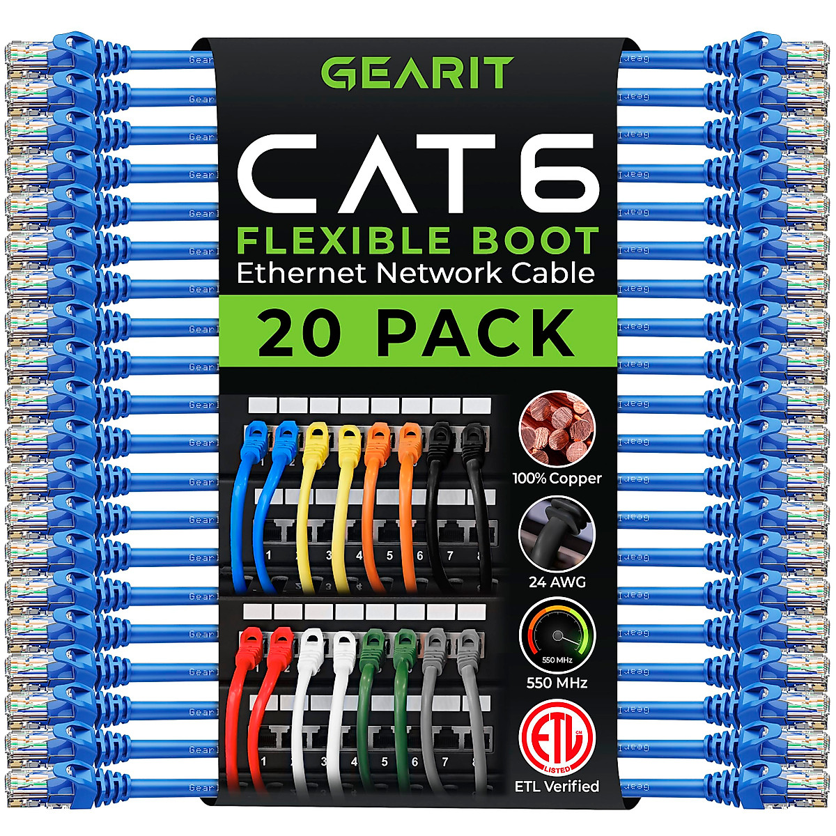 GearIT 20-Pack Cat6 Patch Cable 10 Feet Cat 6 Ethernet Cable Snagless Flexible Soft Tab - Preimum Series - Blue