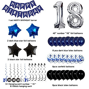 18th Birthday Decorations for Boys and Girls Dark Blue, HAPPY BIRTHDAY Banner Silver Number 18 Balloons, Deep Blue Theme Party for Him - 18 Years Old Birthday Party Supplies Kit for Her