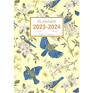 Planner 2023-2024: A5 Weekly and Monthly Organizer from June 2023 to May 2024 | Bird and Blooming Flower Tree Design Yellow