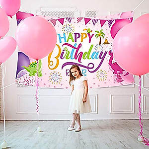 Sumind Dinosaur Happy Birthday Backdrop, Dinosaur Birthday Party Background Boy/Girl Birthday Gaming Banner for Birthday Decoration, Baby Showers and Photo Prop (Pink)