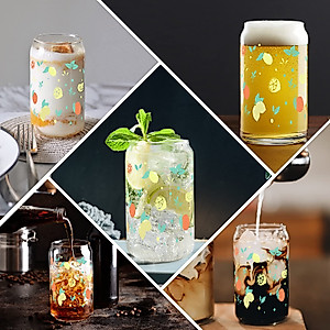 Cold Temperature Change Glass Cup - 4 Pack, 16 oz Can Shaped Glass Cups, Drinking Glasses, Beer Mug, Iced Coffee Mug, Cola Mug, Water Mug, Soda Mug, with Glass Straw and Two Cleaning Brushes