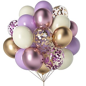 Purple and Gold Balloons, 60pcs 12inch Metallic Lavender and Champagne Balloons, White and Light Purple Balloons with Confetti Balloons for Graduation Wedding Birthday Anniversary Ceremony Decorations