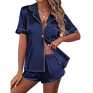 Ekouaer Womens Satin Silk Short Sleeve Button Down Top and Shorts Sleepwear Pajamas Set Navy Blue Medium