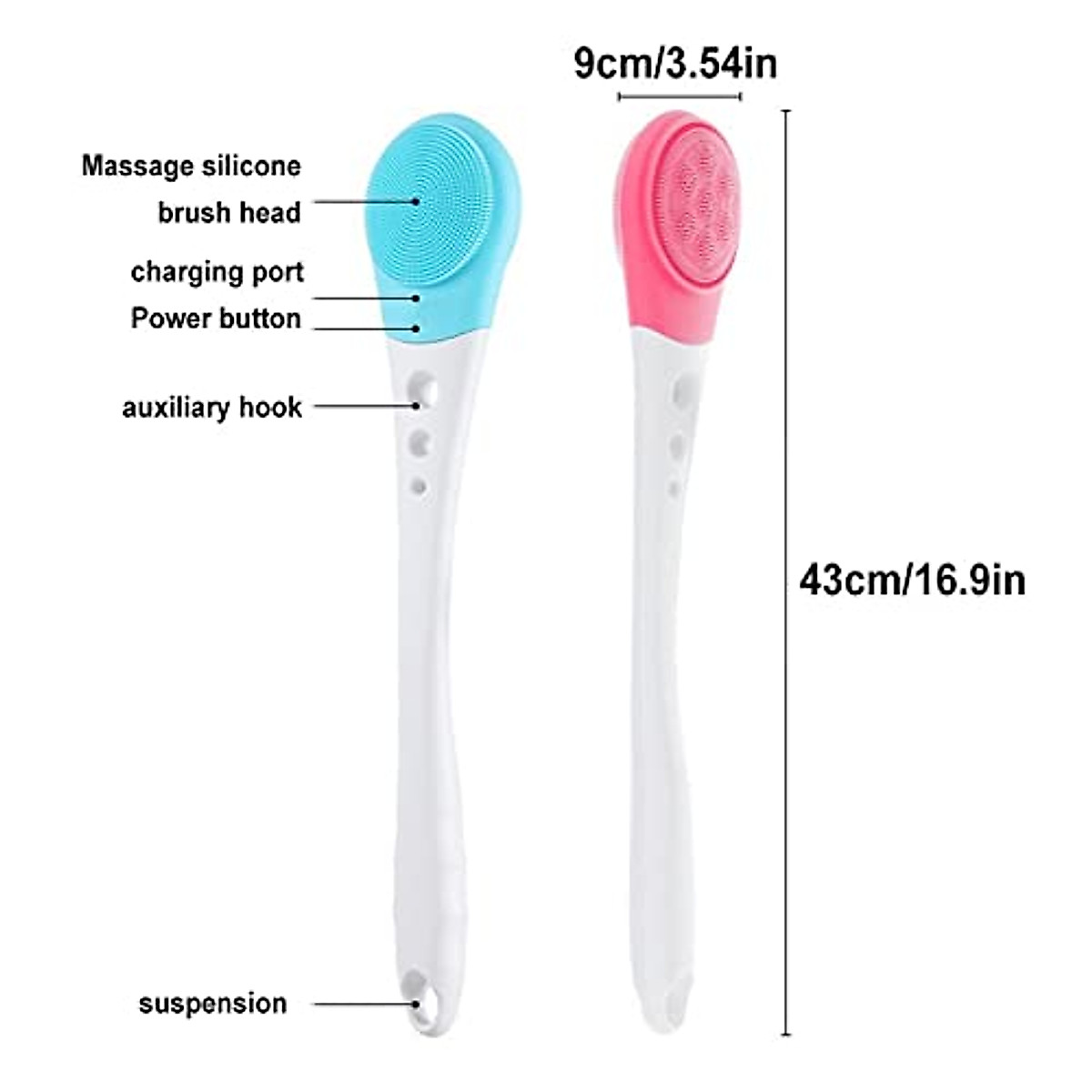 INGVY Dry Brushing Body Brush Electric Brush with Long Handle Rotatablcze Showering Waterproof Body Washing Tool Double Side Brushes Accessory (Color : Blue)