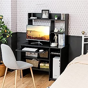 IFANNY Computer Desk with Hutch, Wood Office Desk with Keyboard Tray, Storage Shelves and CPU Stand, Work Desk for Home Office, Corner Writing Desk for Small Spaces