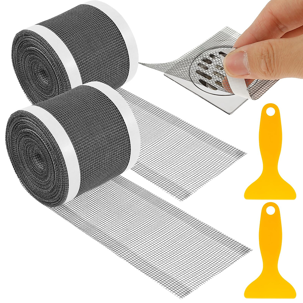 HJJWNDDNG 2Pcs Shower Drain Mesh Stickers Self-Adhesive Bathtub Drain Hair Catcher 70mmx10m Cuttable Shower Drain Mesh Filter with 2 Scrapers Waterproof DIY Hair Stopper for Bathroom Bathtub Kitchen