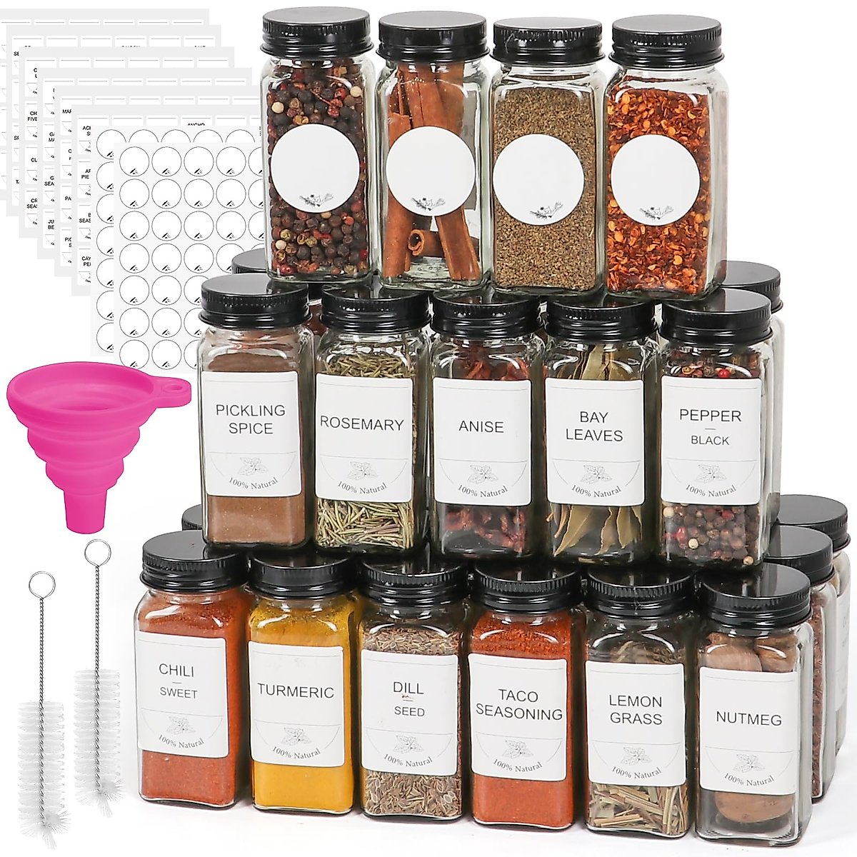 48 Pcs Glass Spice Jars with Labels and Black Lids 4oz Spice Container Set Seasoning Bottles with Blank and Printed Labels, Shaker Lids, Collapsible Funnel and Brush Included