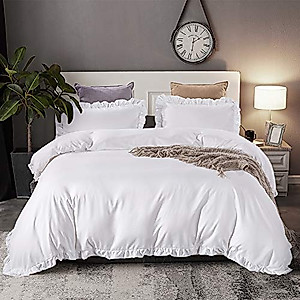 HYPREST White Duvet Cover Queen Size- Soft Lightweight Cooling Aesthetic Farmhouse Ruffled Duvet Cover Bedding Comforter Cover with 1 Duvet Cover and 2 Shams, Oeko-TEX Certificated (No Comforter)