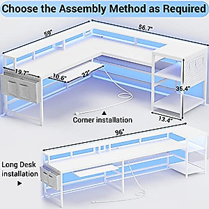SEDETA L Shaped Gaming Desk, Reversible Home Office Desk or Corner Desk, Gaming Desk with Power Outlets & LED Strip, Monitor Shelf, Keyboard Tray, Pegboard and Storage Shelves, White