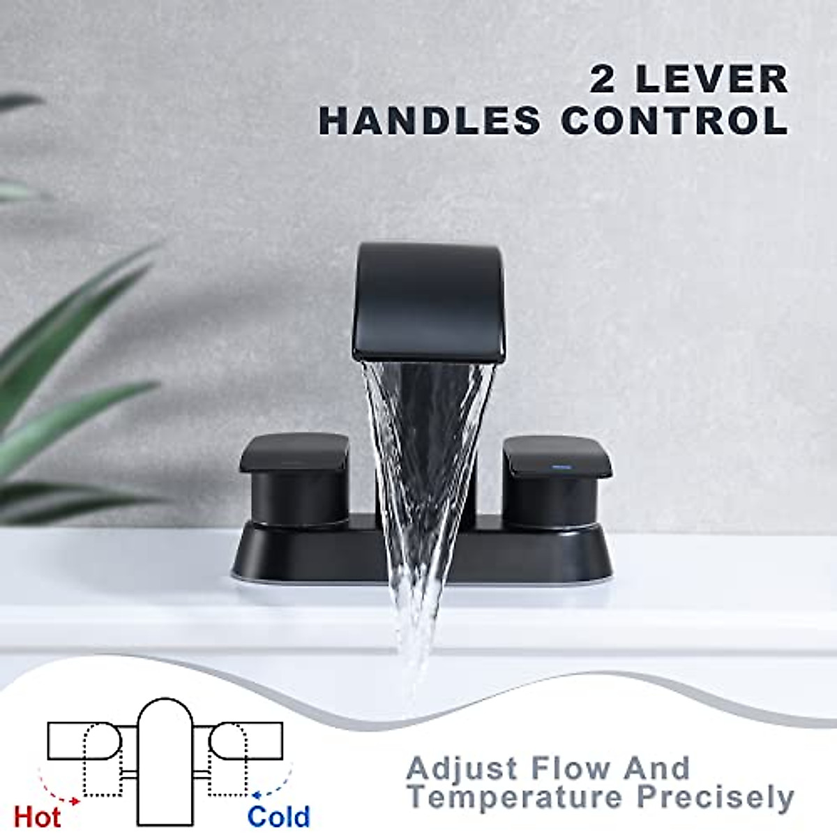 Ultimate Unicorn Waterfall Bathroom Sink Faucet Matte Black, Two Handles Bathroom Faucet with Metal Pop up Sink Drain Stopper, 2 or 3 Holes Bathroom Basin Lavatory Mixer Tap with Deck Mount Plate