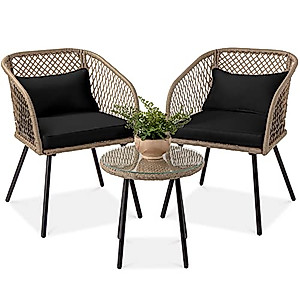 Best Choice Products 3-Piece Outdoor Wicker Bistro Set, Patio Dining Conversation Furniture for Backyard, Balcony, Porch w/Diamond Weave Design, Tempered Glass Side Table, 2 Chairs - Black