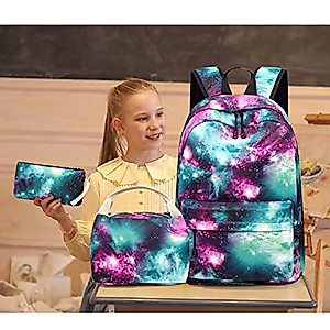 BTOOP Girls School Backpack Galaxy Schoolbag Laptop Bookbag Insulated Lunch Tote Bag Purse Teens Boys Kids (Green Galaxy)