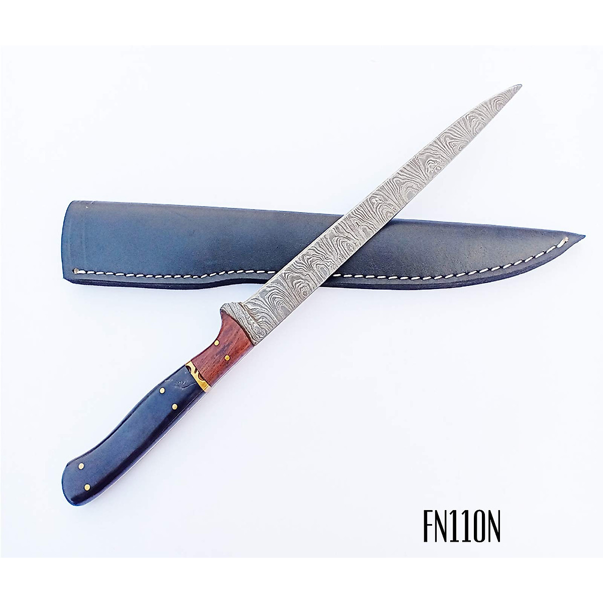 Nooraki F110N Handmade Damascus Steel Large Fillet Knife Hunting Fishing, Full Tang Wood & Horn Handle, 13.5 inch Sharp