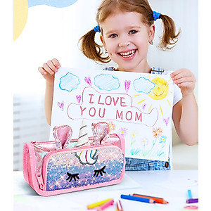 LISEVO Cute Pencil Case, 3D Pencil Pouch for Girls Kids, Sparkly Pencil Bag with Sequins for Students, Glitter Bling School Supplies Stationary Pen Holder