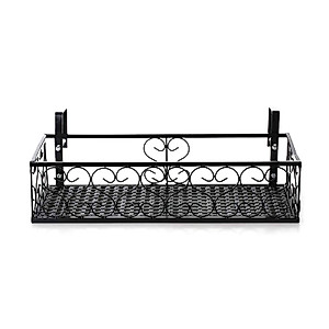 Mairuker Balcony Railing Shelf Flower Pot Stand Rack, 23.5 Inches Iron Hanging Flower Rack Basket Shelf with Hooks for Outdoor Garden Balcony Fence Patio (Black)
