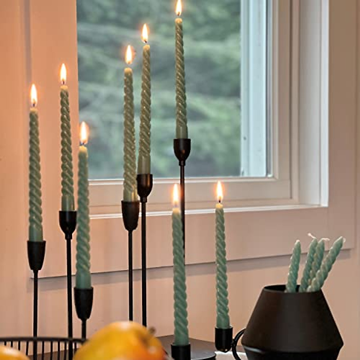 12 Piece Sea Green Twist Taper Candles, 2 Boxed Sets of 6, 4 Hours Burn Time, Paraffin Wax, 7.75 Inches
