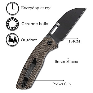 KANSEPT Convict Pocket Folding Knives EDC Camping Folding Knife 3.3'' Black Stonewashed 154CM Material Pocket Folding Knife with Brown Micarta Handle Everyday Carry T1023A1
