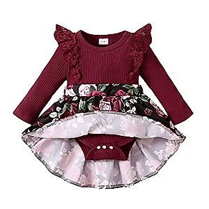 OPAWO Newborn Infant Baby Girl Dress Ribbed Bodysuit Romper Dress Long Sleeve Floral Girl Dresses Fall Winter Clothes(Burgundy,3-6 Months)