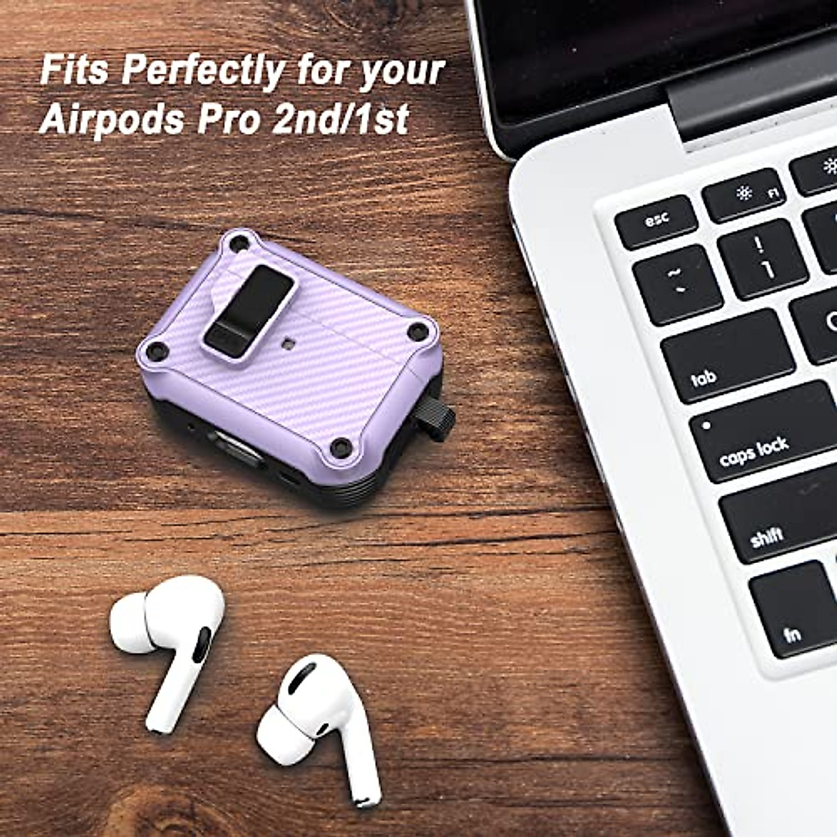 RFUNGUANGO for AirPods Pro 2nd /1st Generation Case Cover, Automatic Pop-up Carbon Fiber Case with Secure Lock Clip, Full Body Shockproof Hard Shell Protective Case for AirPods Pro 2022/2019- Purple