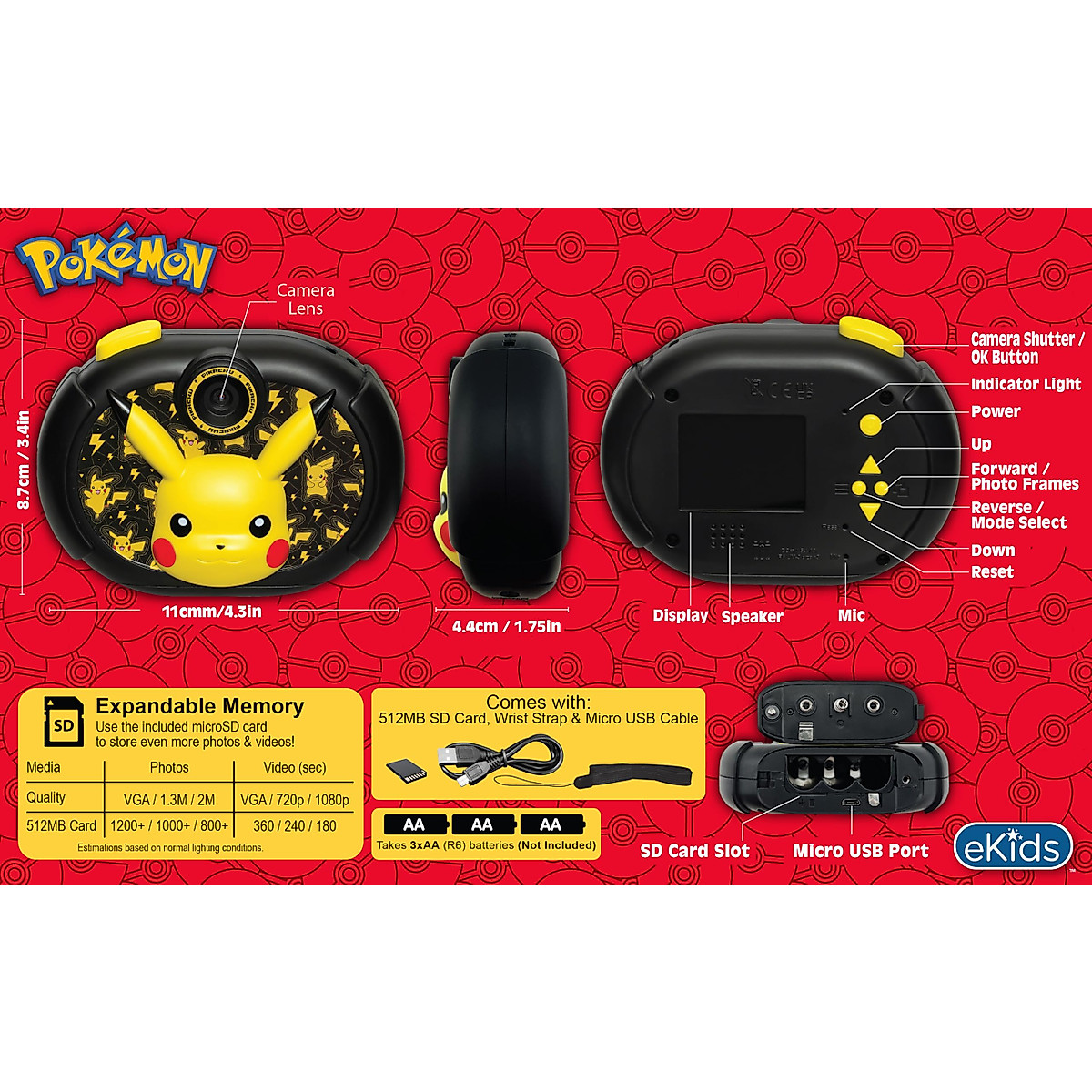 ekids Pokemon Kids Camera with SD Card, Digital Camera for Kids with Video Camera, Built-in Digital Stickers for Fans of Pokemon Gifts for Kids