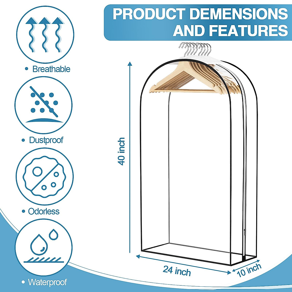 Hiitytin 40" Clear Garment Bags for Hanging Clothes, 4 Pcs Garment Covers with 10" Gusseted & Side Zipper - Hanging Clothes Storage Bag for Closet, Suit, Coat, Shirt, Dress Bags