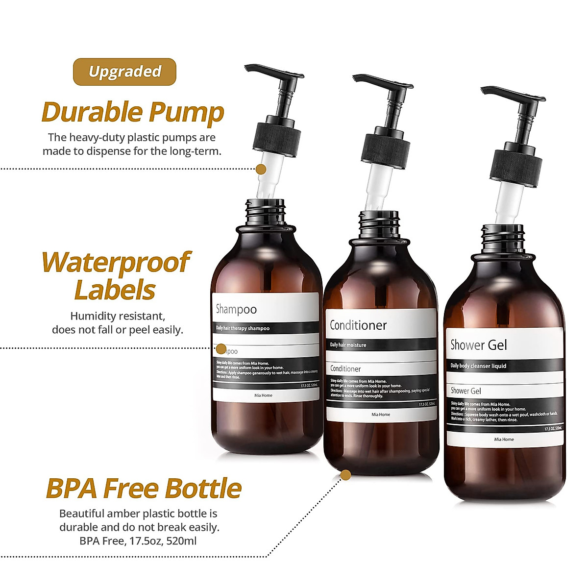 Mia home - 17.5 oz Refillable Empty Amber PET Plastic Bottle Set - 3 Bottles only with Labels, Shampoo & Conditioner & Shower Gel, Silcone Funnel