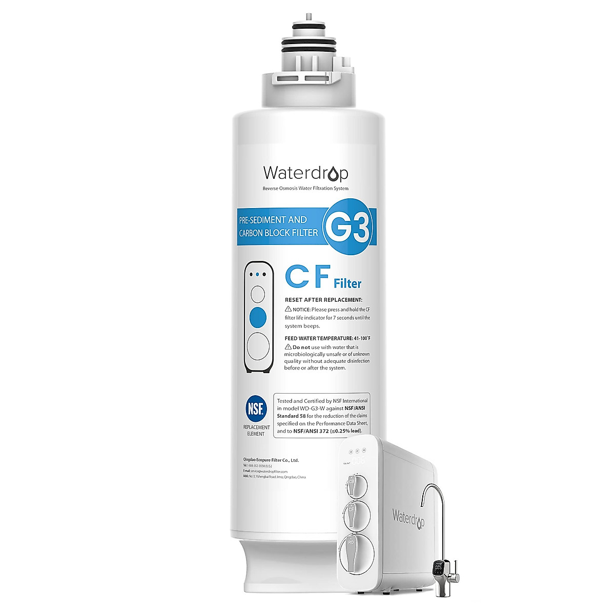 Waterdrop WD-G3-CF Filter, Replacement for WD-G3-W, WD-G3P600 and WD-G3P800-W Reverse Osmosis System, 6-month Lifetime